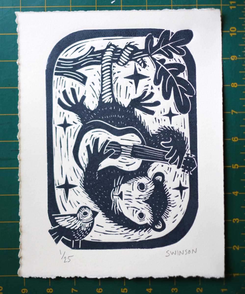Opossum Playing Guitar – Linocut – KenSwinson.com